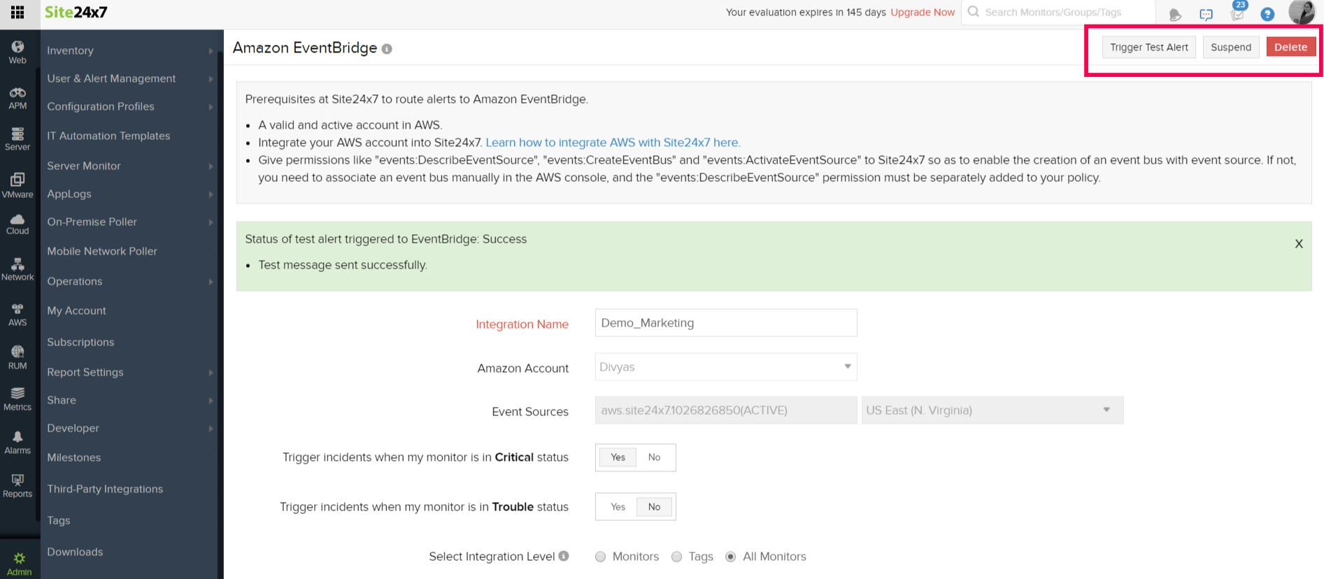 Amazon EventBridge Integration | Online Help Site24x7