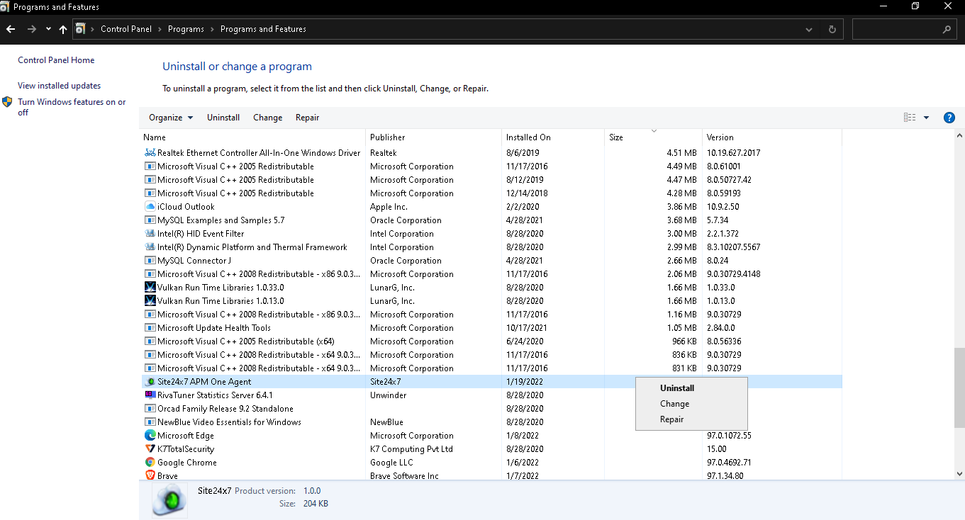 Uninstall APM Insight One Agent | Online Help Site24x7