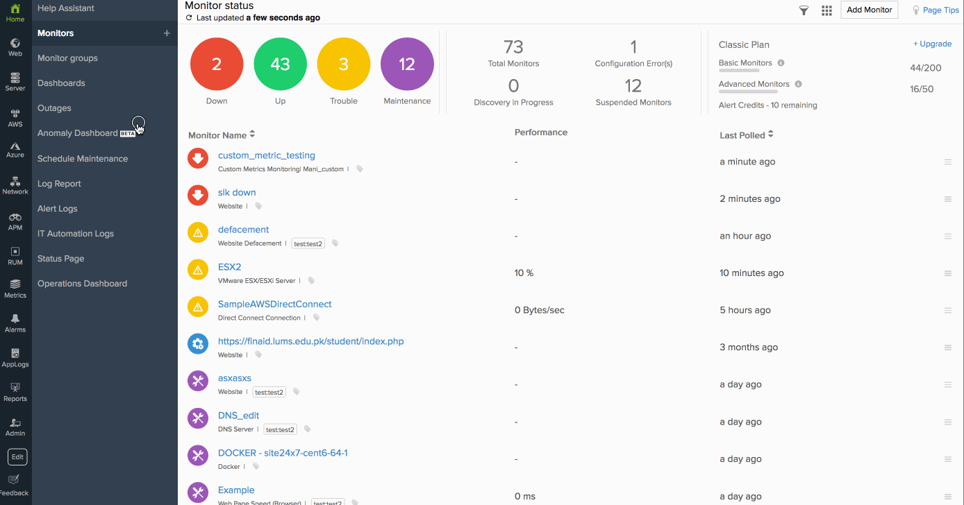 Anomaly Reporting powered by AI | Online Help Site24x7