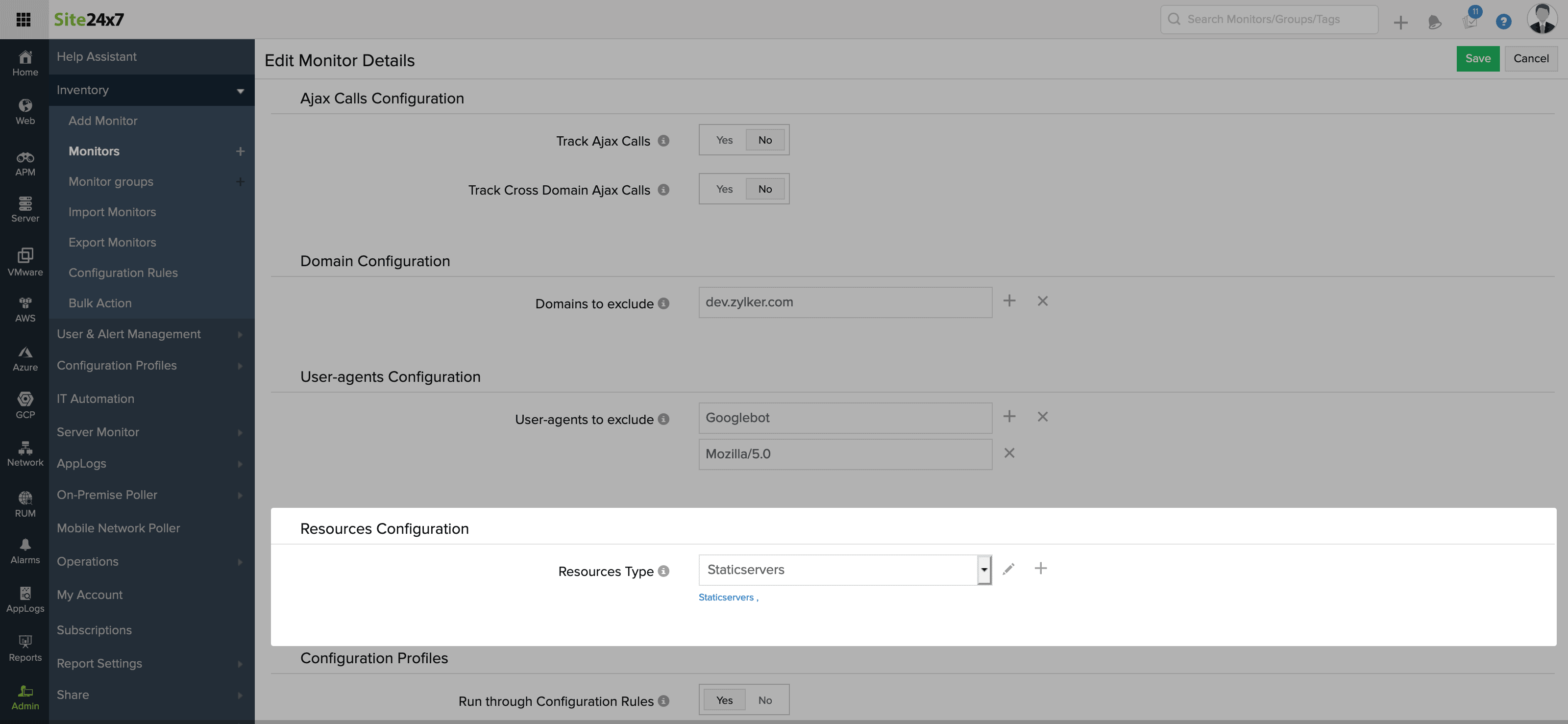 Edit RUM monitor | Online Help Site24x7