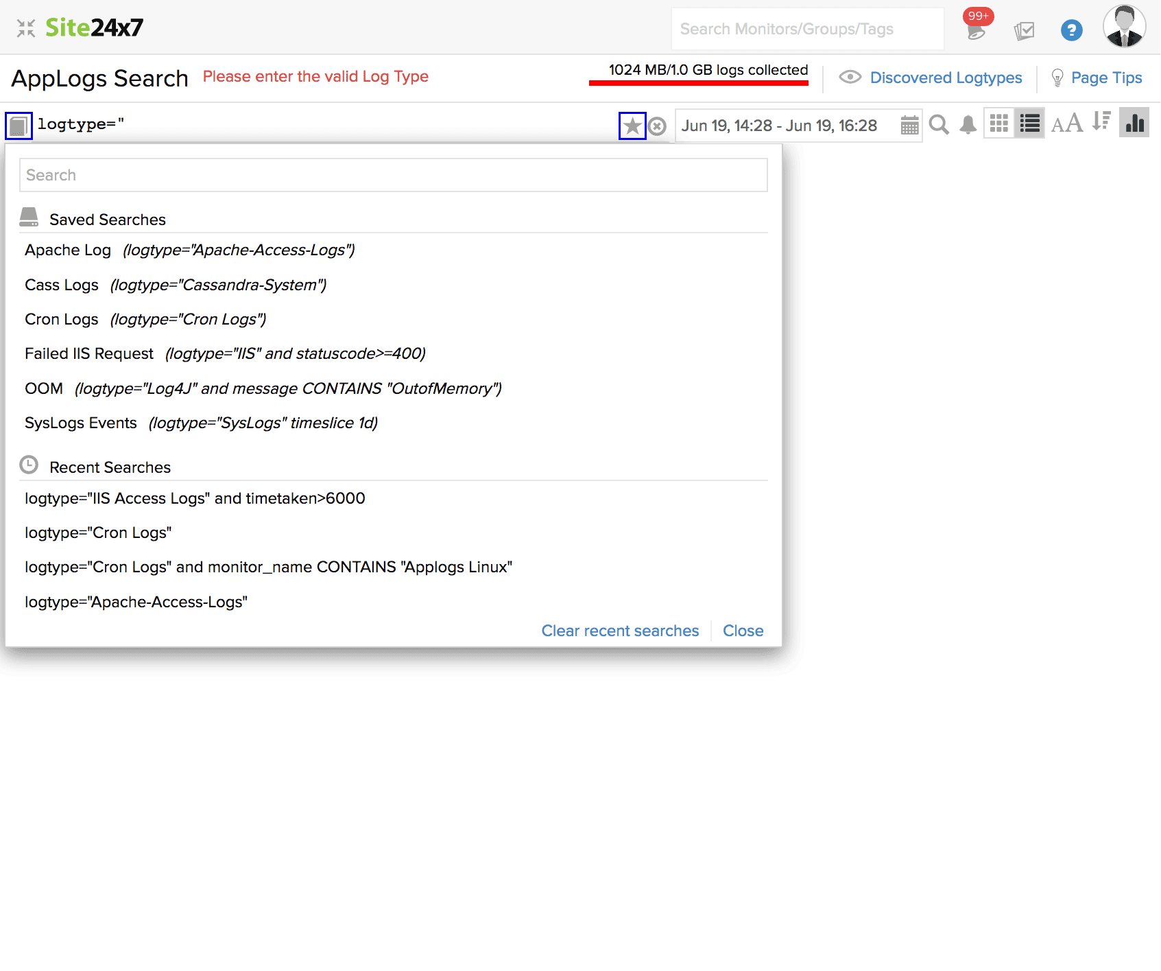 AppLogs Saved Searches | Online Help Site24x7