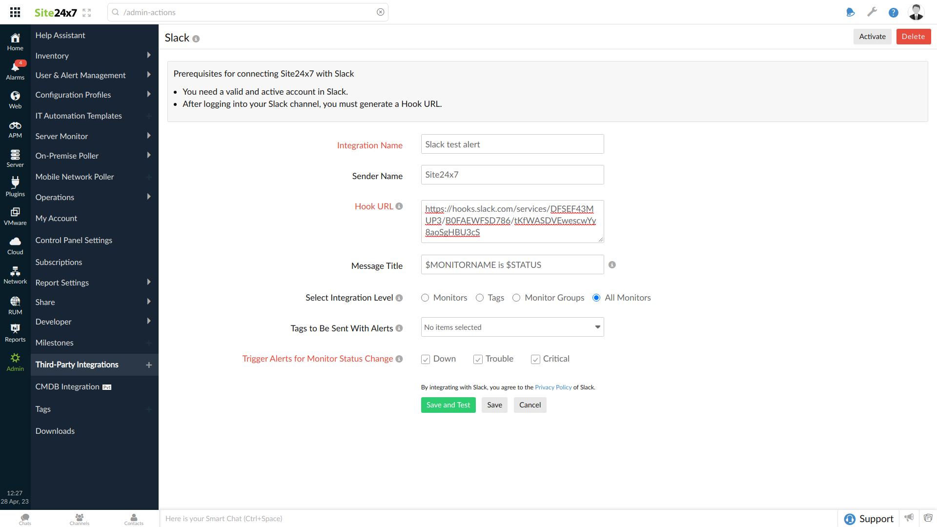 Slack | Online Help Site24x7