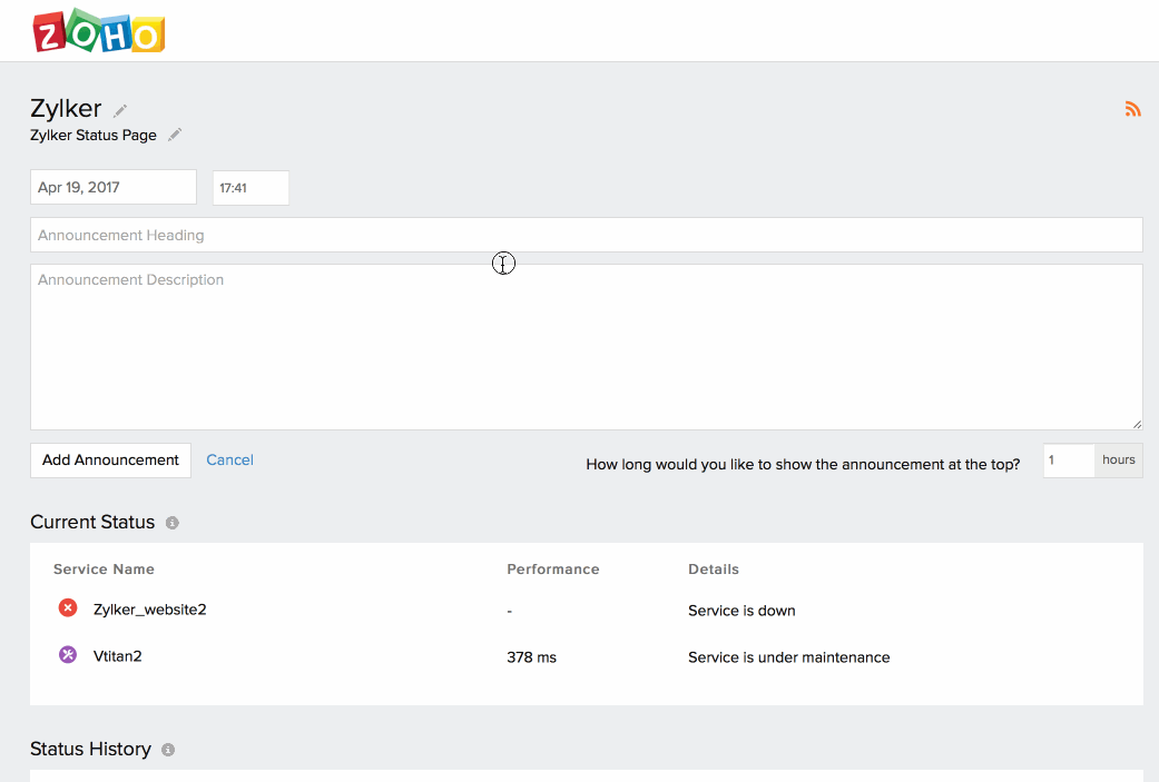 Status Pages | Online Help Site24x7