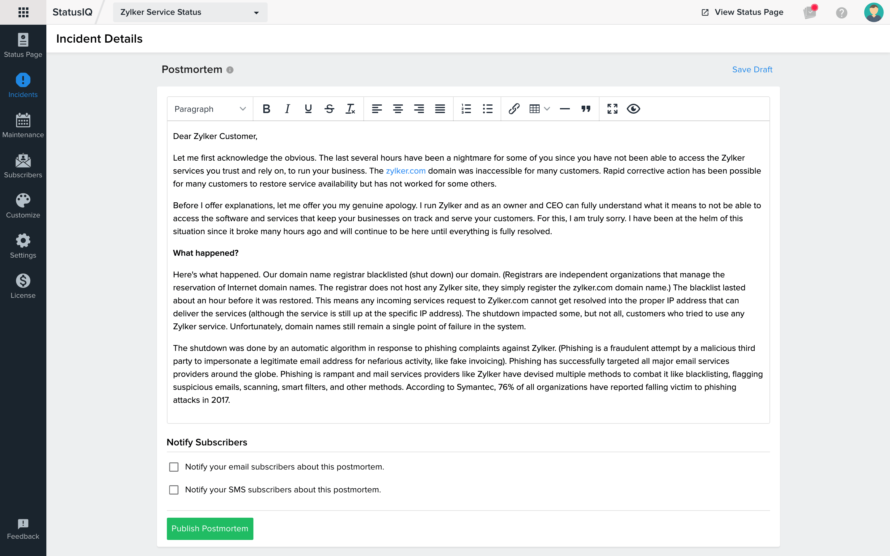 Create an Incident | StatusIQ User Guide
