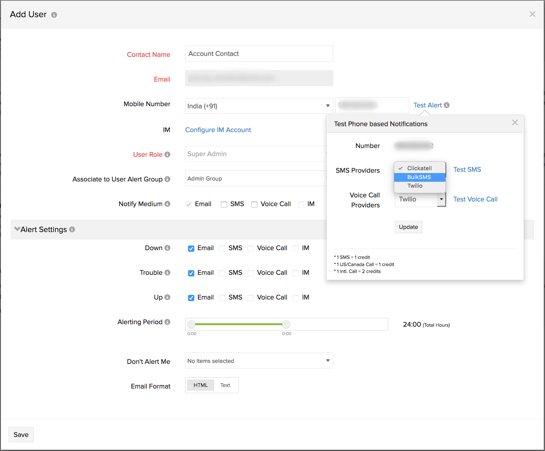 Users and Alerts | Online Help Site24x7