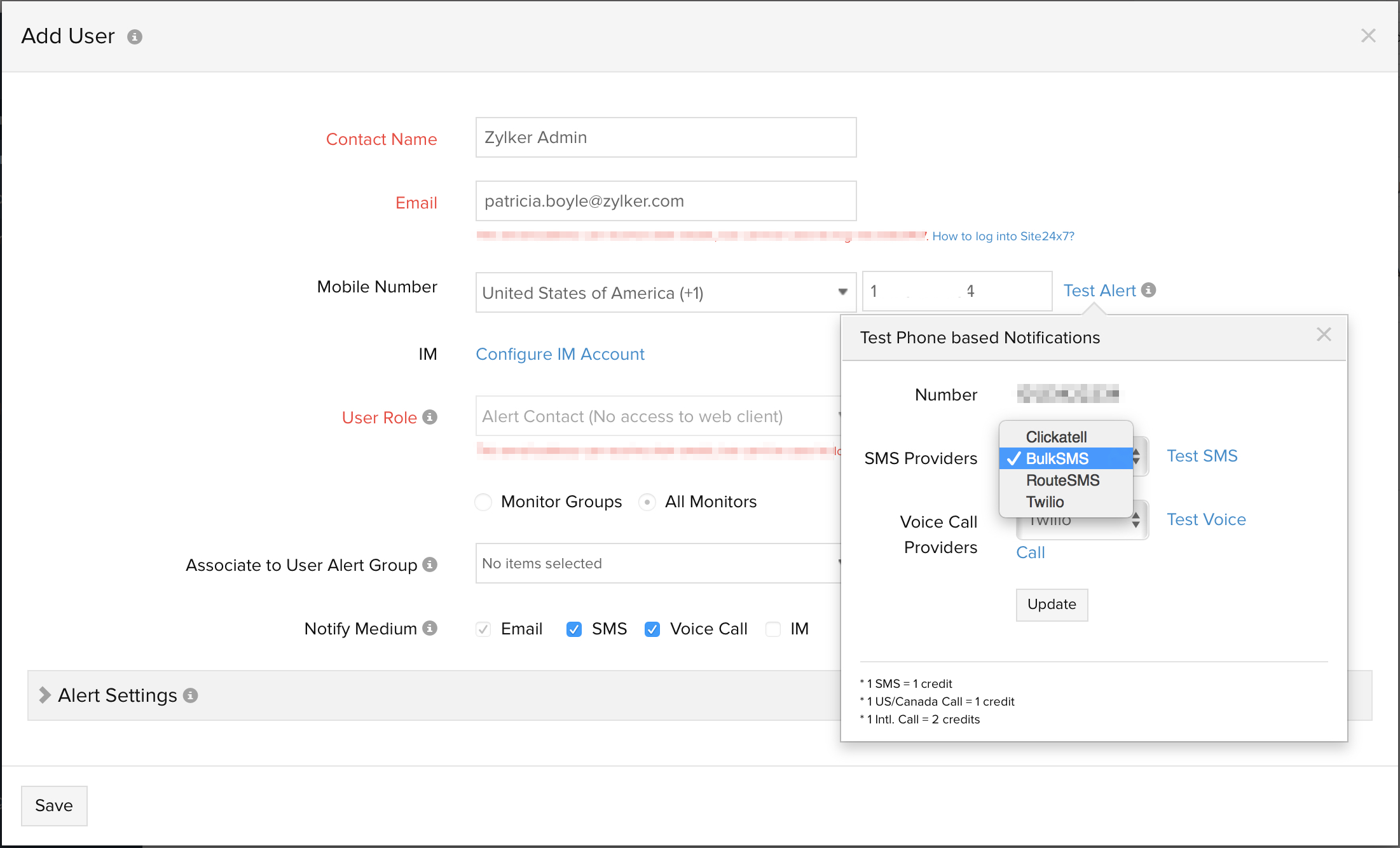 Users and Alerts | Online Help Site24x7